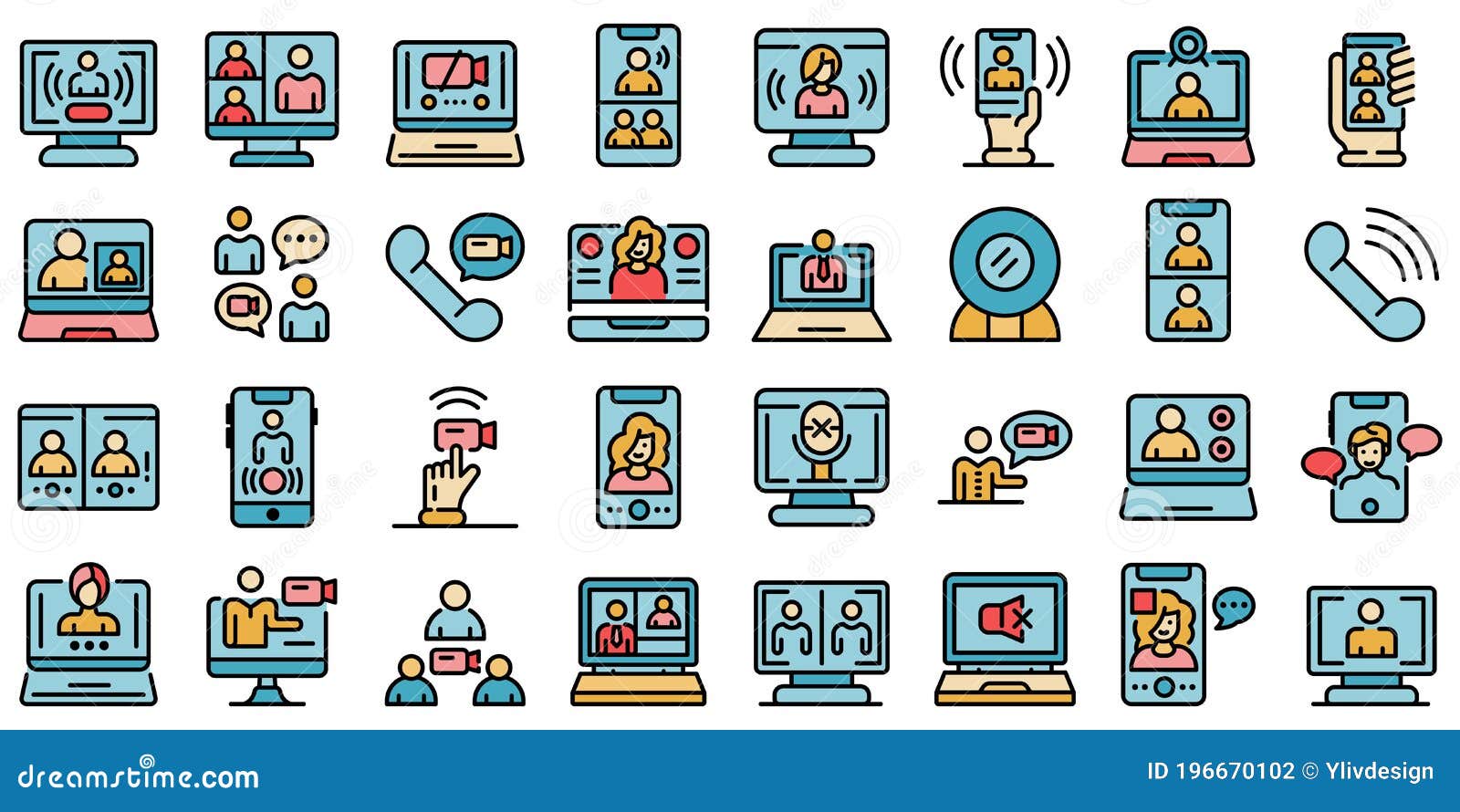 Video Call Icons Set Vector Flat Stock Vector - Illustration of call ...