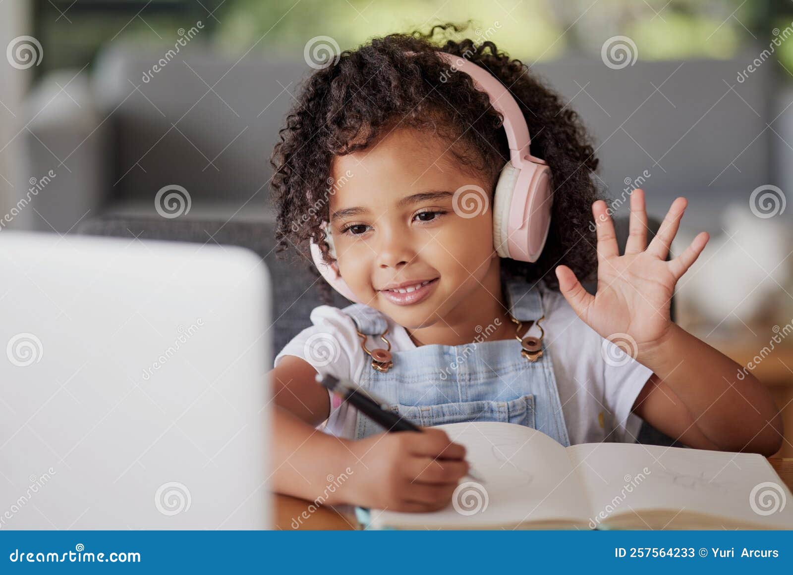 Video Call, Laptop and Education Child Wave Hello in Online Class ...