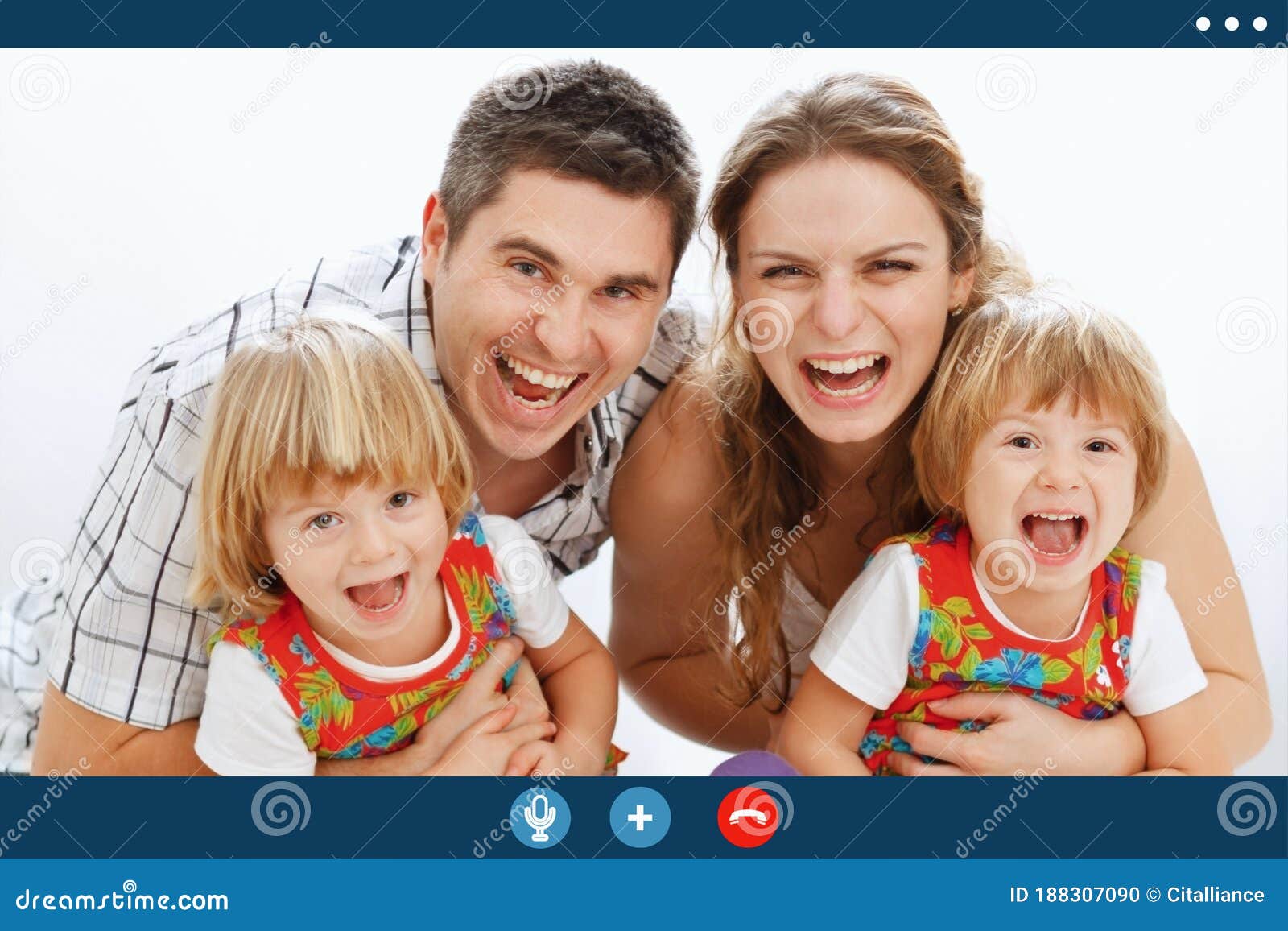 Video Call Screen of Happy Mom Dad and Twins Daughters Stock Photo ...