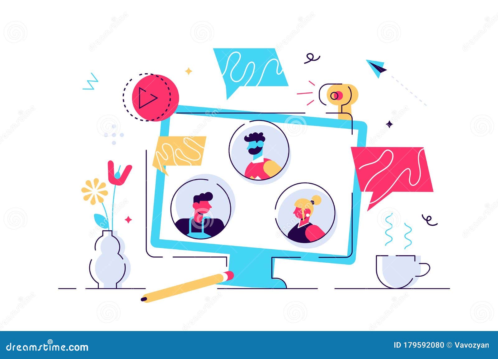 Desktop Computer with Group of Colleagues Taking Stock Vector ...