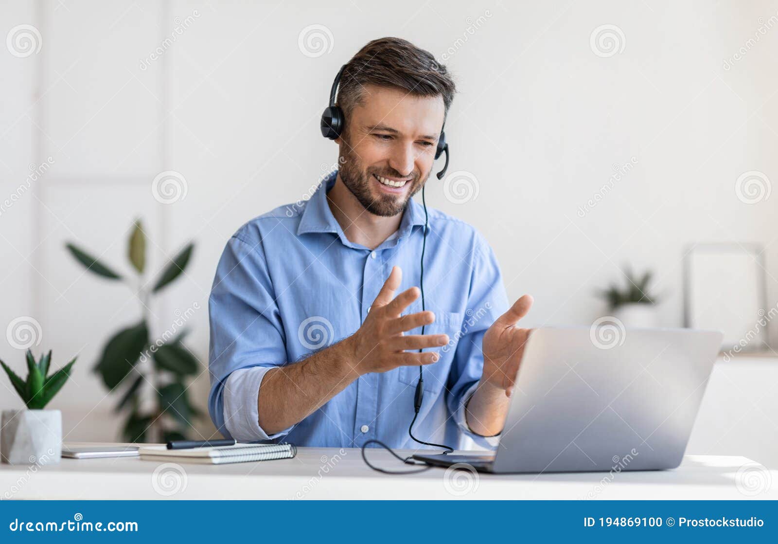 Video Conference. Friendly Man Office Employee in Headset Having Call ...