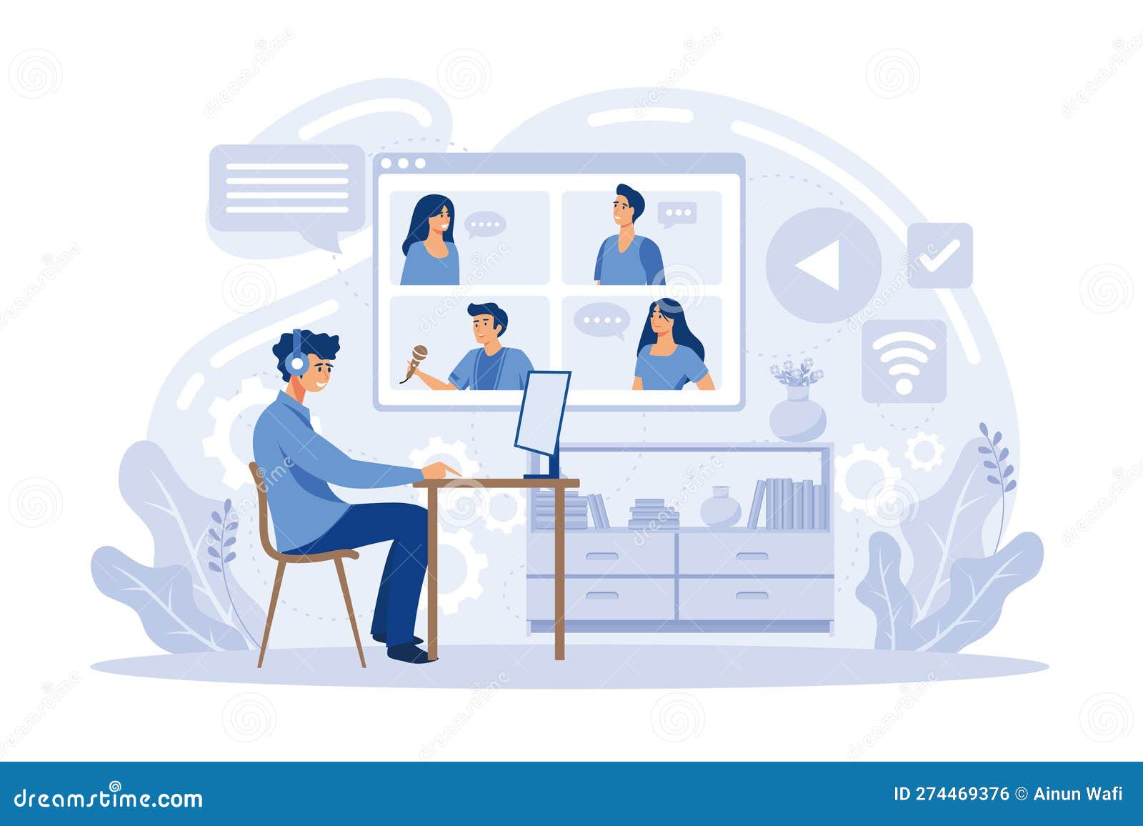 Video Conference. People Group on Computer Screen Taking with Colleague ...