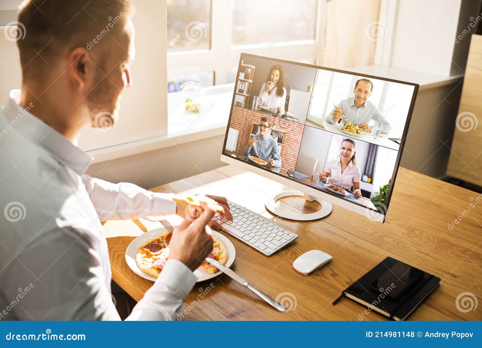 Video Conference Virtual Lunch Break Stock Photo - Image of holding ...