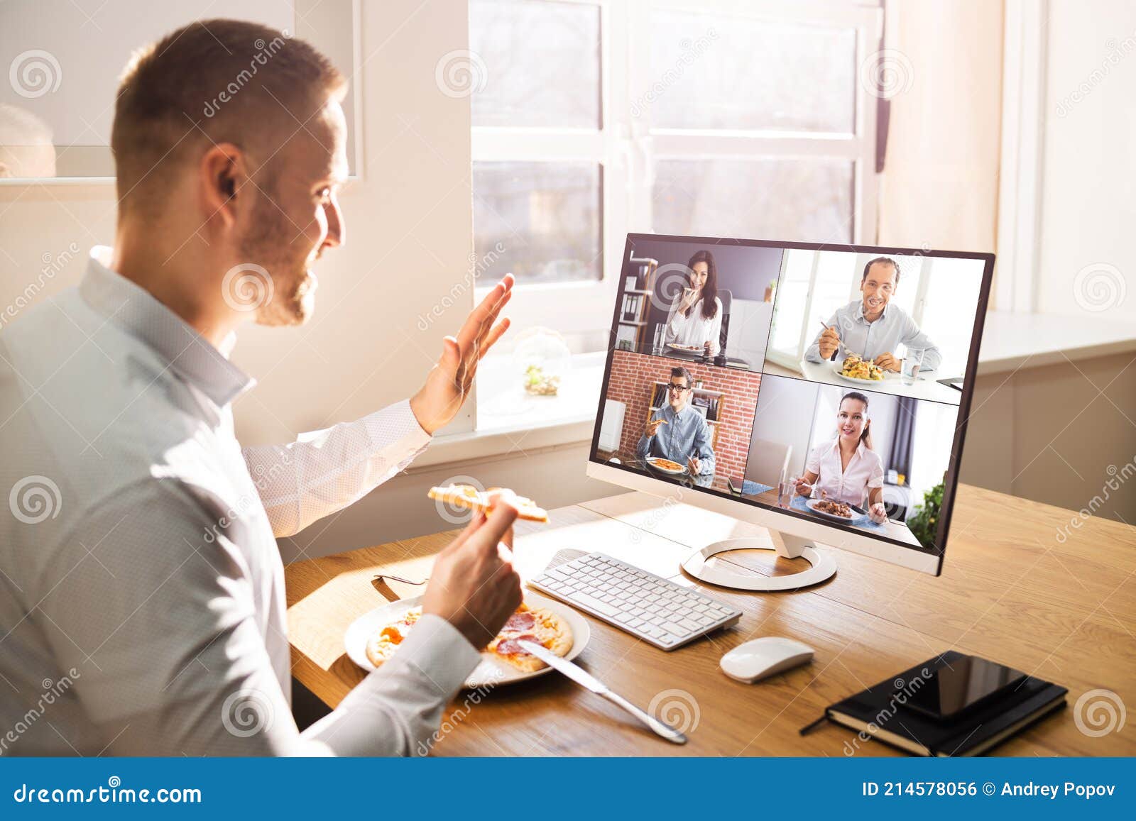 Video Conference Virtual Lunch Break Stock Photo - Image of male, angle ...