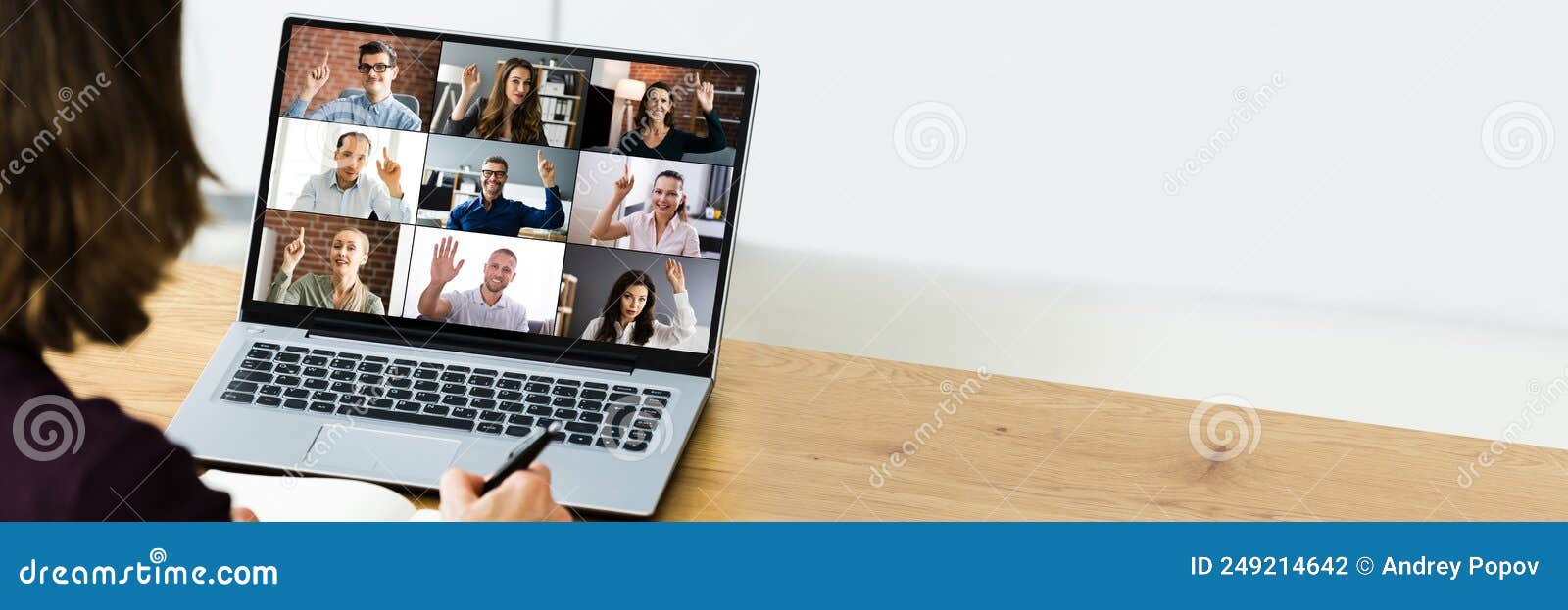 Video Conferencing Call Waving Hello Stock Photo - Image of discussion ...