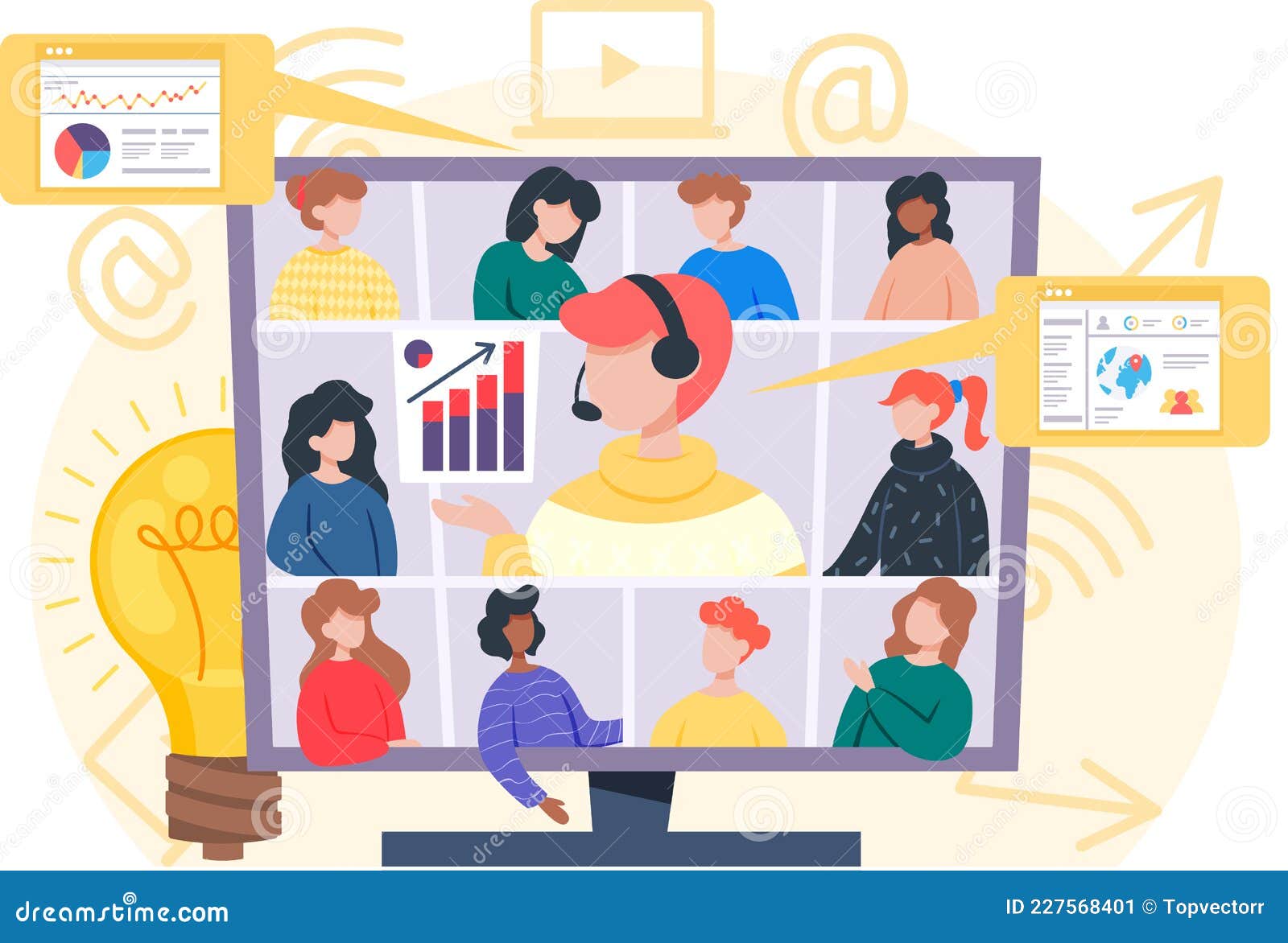 Video Conferencing on Large Computer Screen, Teamwork. Business Meetup ...