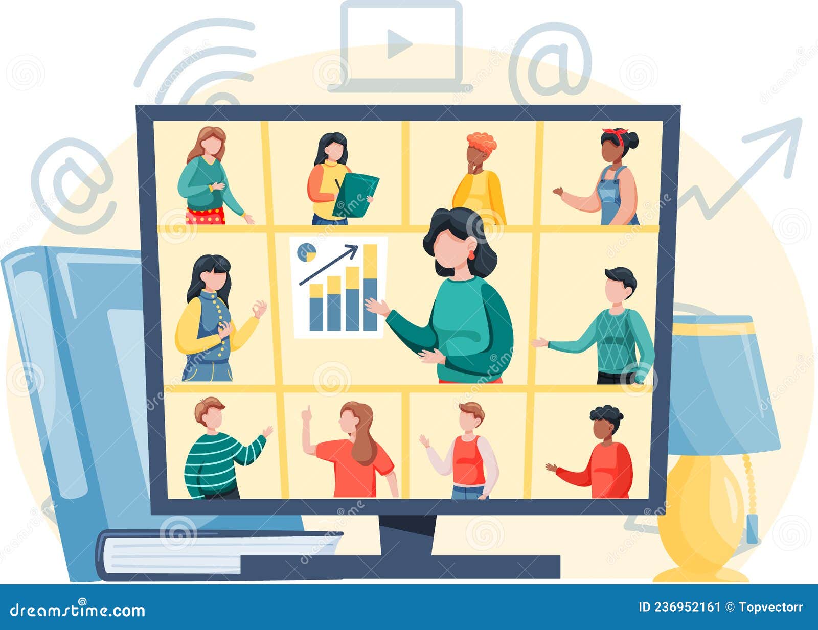 Video Conferencing on Large Computer Screen, Teamwork. Business Meetup ...