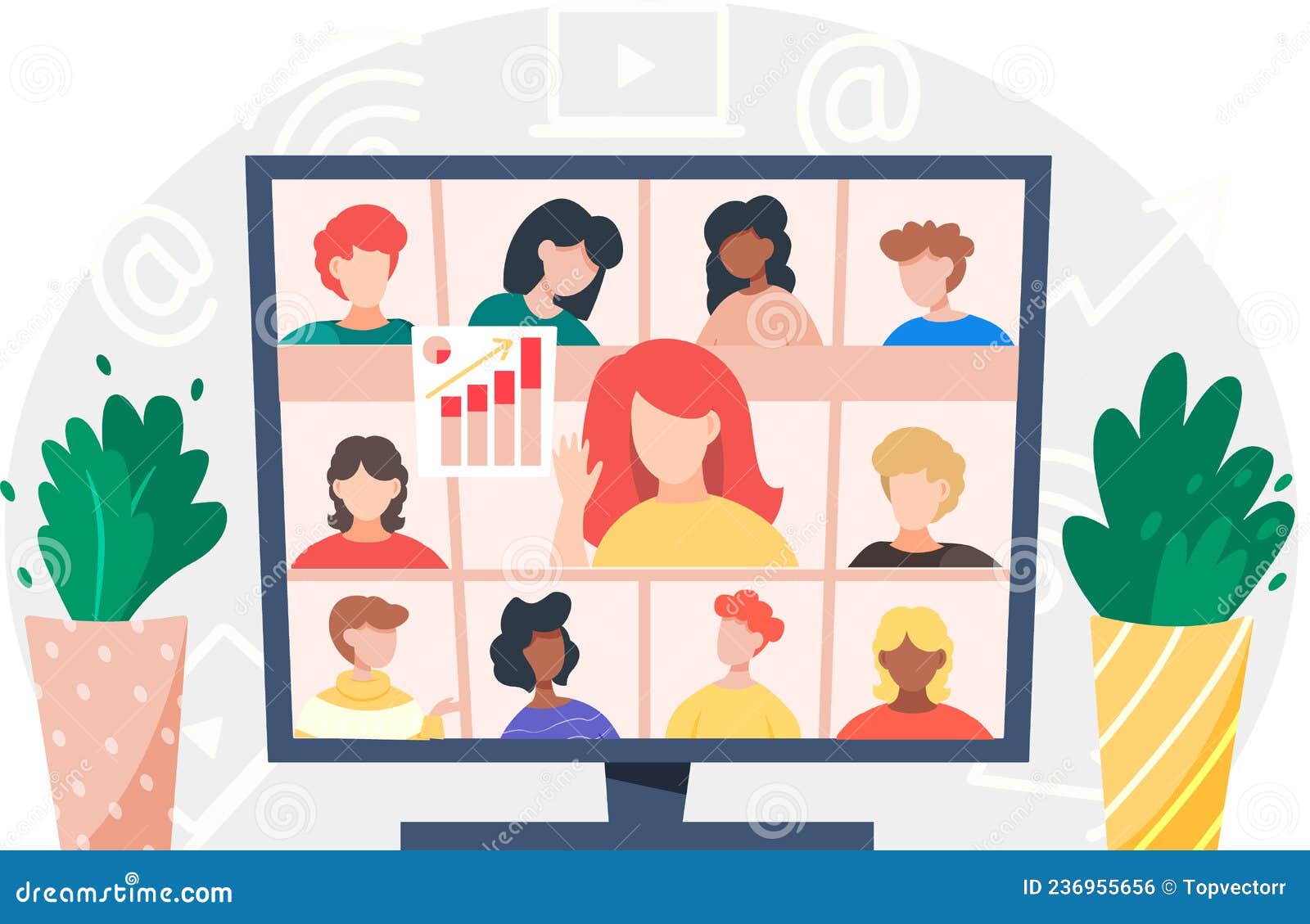 Video Conferencing on Large Computer Screen, Teamwork. Business Meetup ...