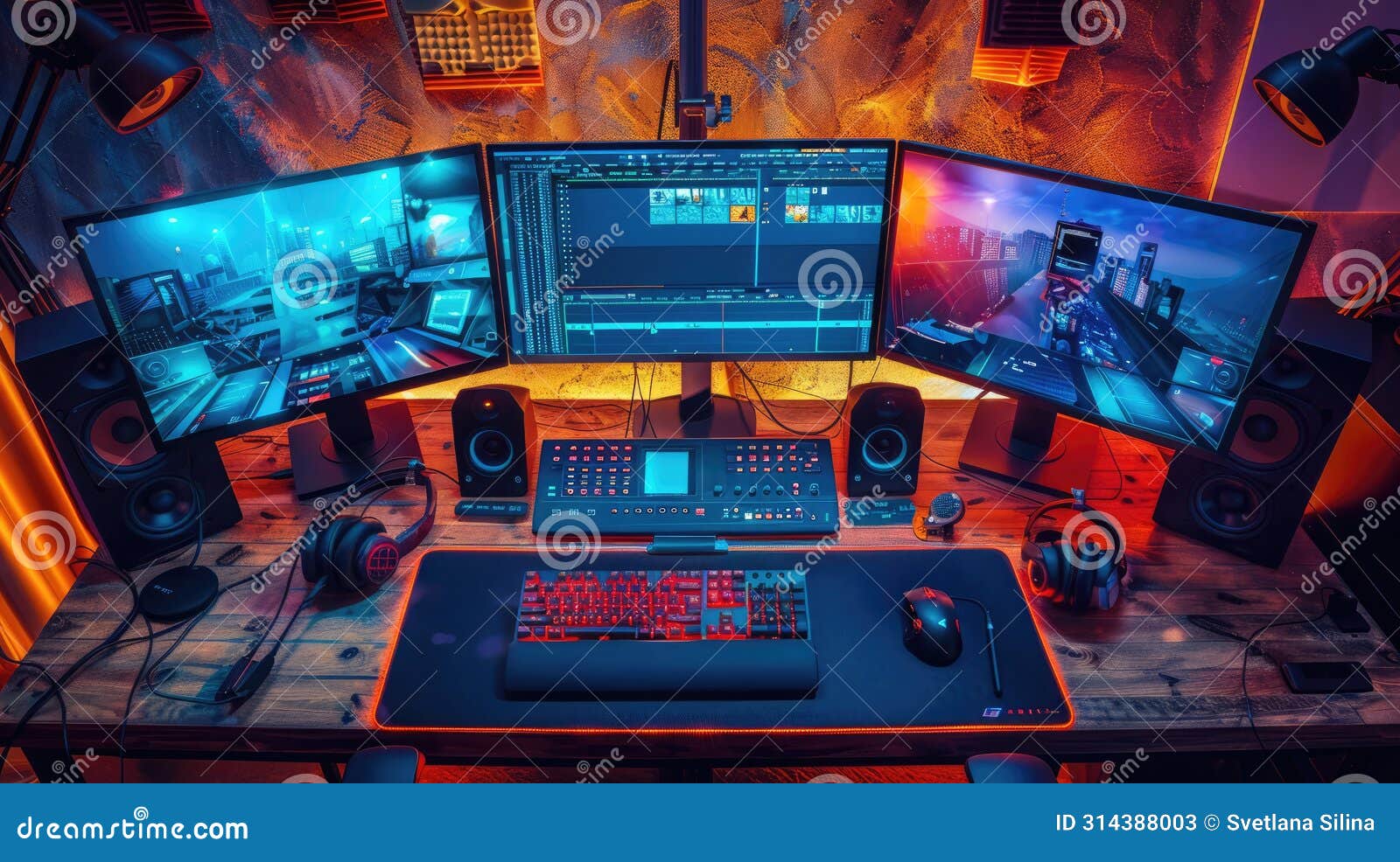 Video Editing. Professional Video Editing Workspace Seen from Above ...