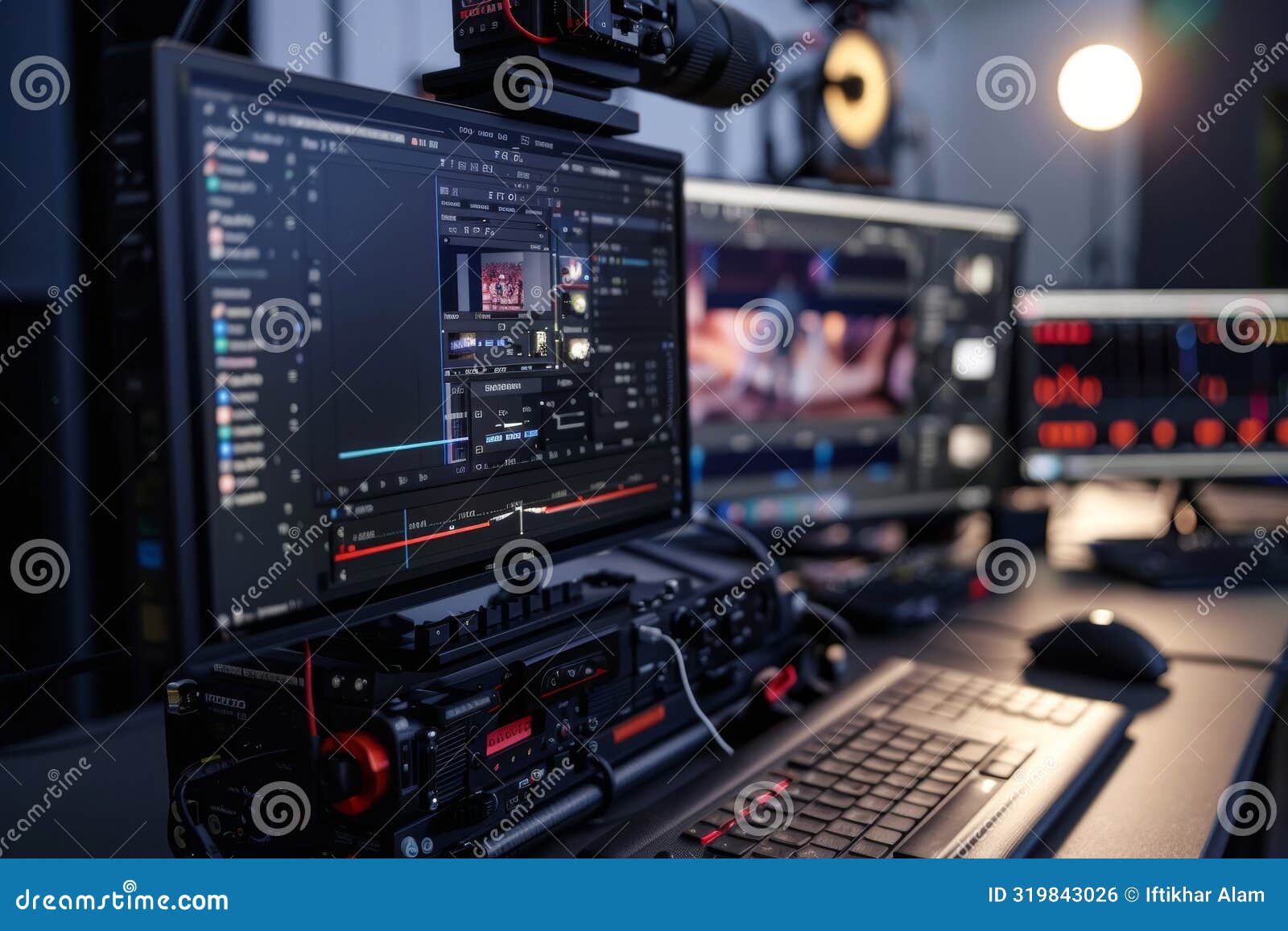 A Video Editing Studio Equipped with Multiple Monitors and a Keyboard ...