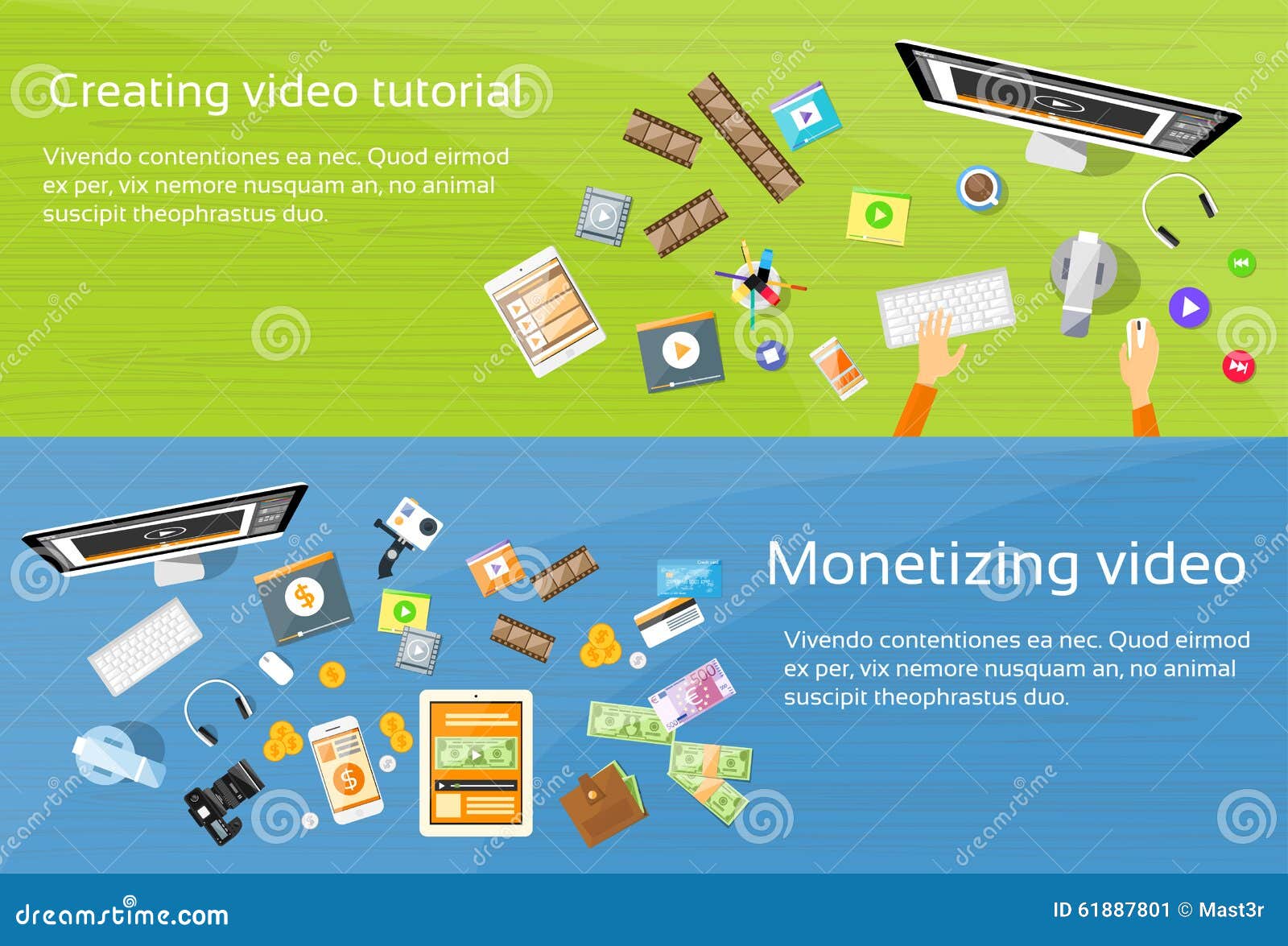 Video Editor Desk Workplace Web Banner Set Stock Vector - Illustration ...