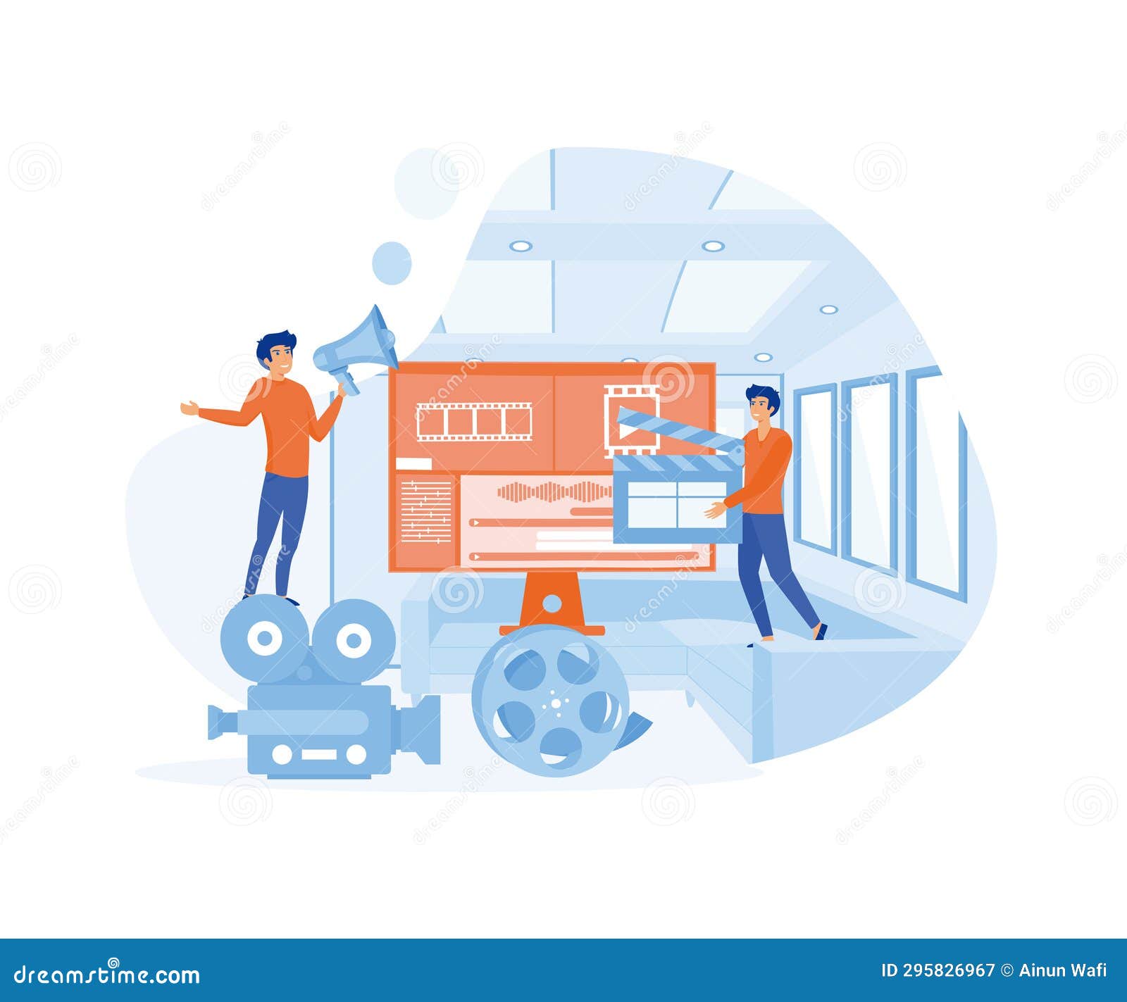 Video Editor Vector Illustration. Flat Mini Persons Concept with Camera ...