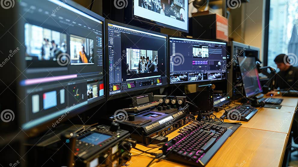 Video Editor Working on Multi-Screen Setup Stock Image - Image of audio ...