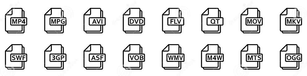 Video File Formats. Vector Linear Icons. Video File Icons Stock Vector ...