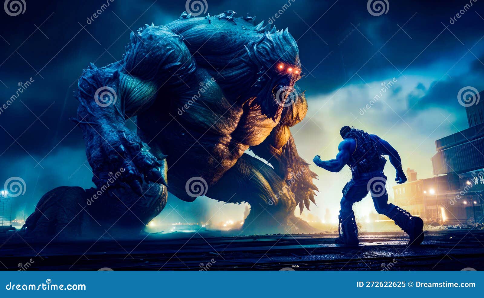 Video Game Character Stands in Front of Giant Monster. Generative AI ...