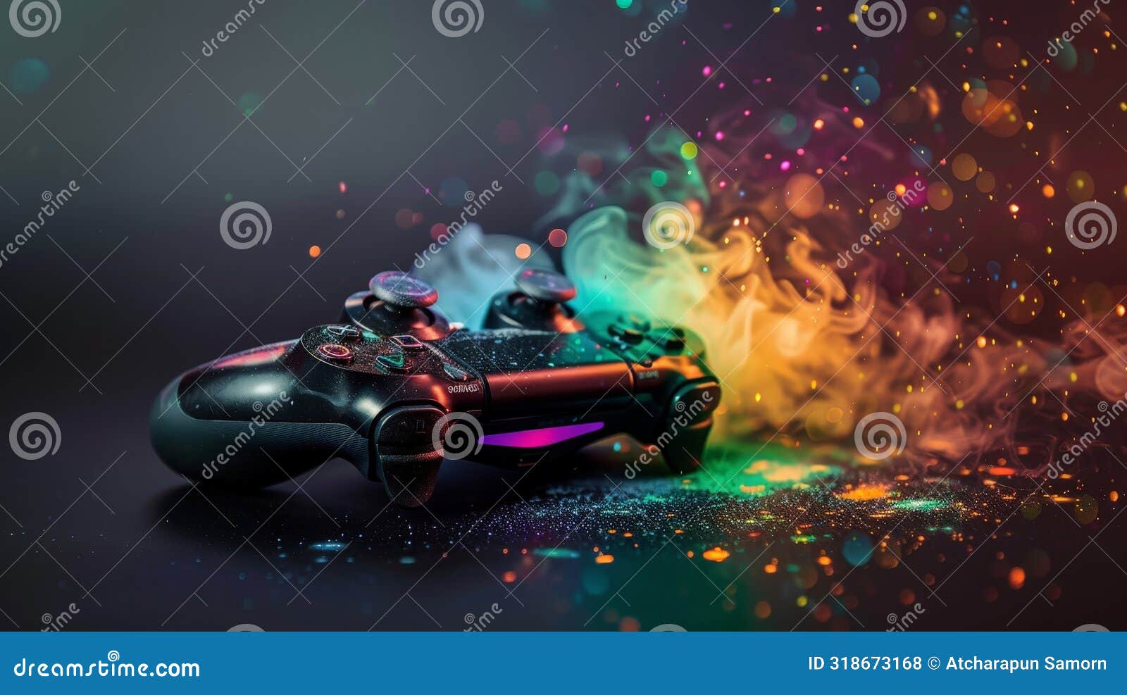 A Video Game Controller is on a Black Surface with Colorful Smoke and ...