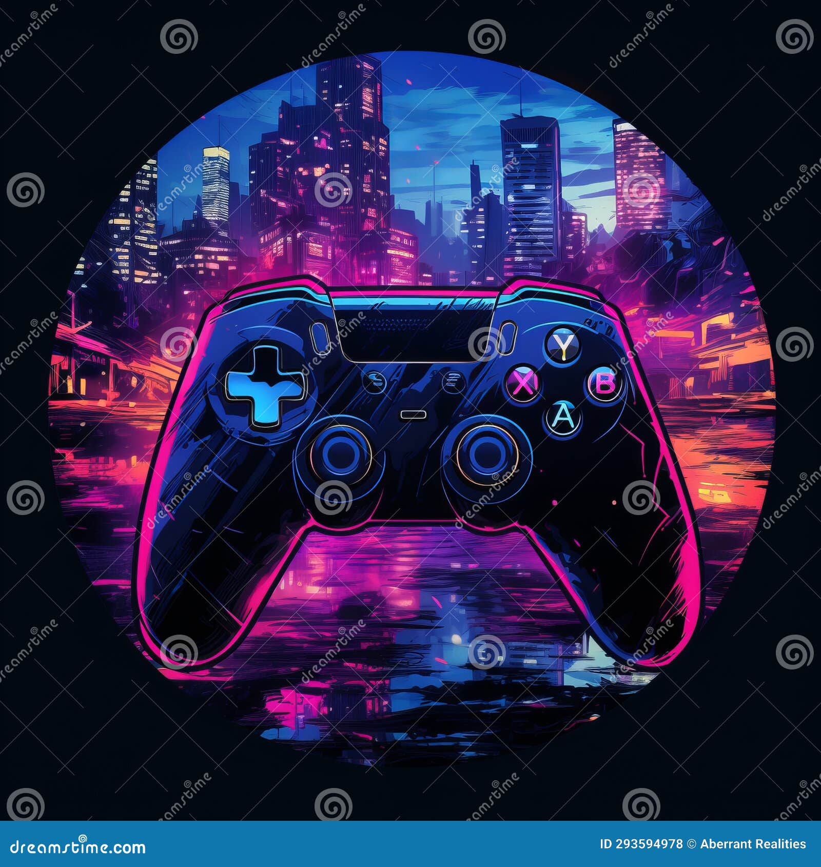 A Video Game Controller in Front of a City at Night Stock Illustration ...