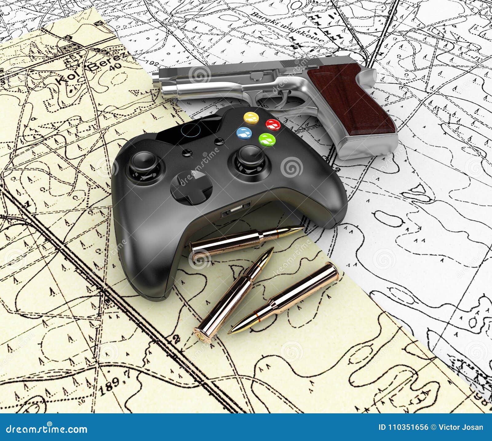 Video Game Controller with Gun on the Maps, 3d Illustration Stock ...