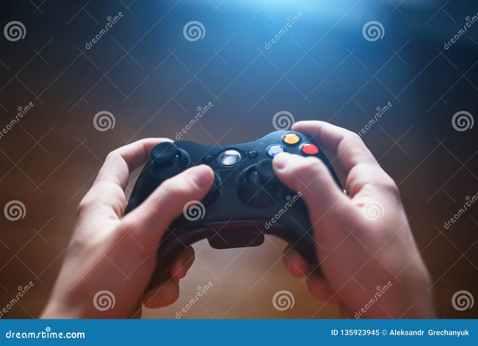 Video Game Controller in Human Hands, in Front of the TV Stock Image ...