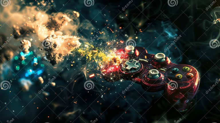 A Video Game Controller is Surrounded by a Cloud of Smoke and Fire ...