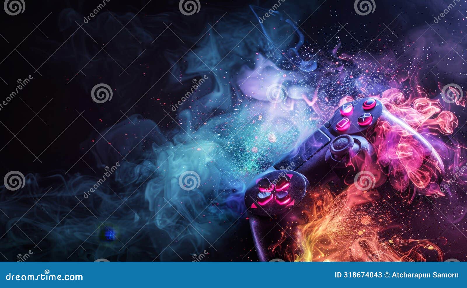 A Video Game Controller is Surrounded by Colorful Smoke and Fire Stock ...