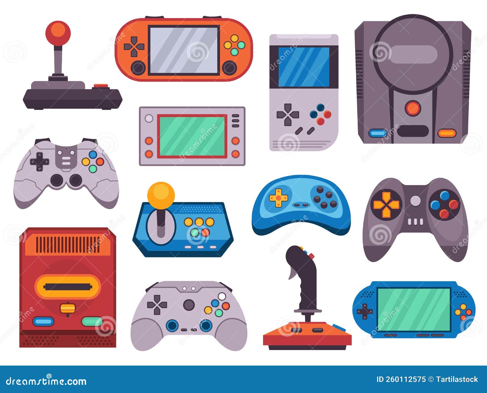 Video Game Devices. Old Retro Joystick Gamepad Flat Icons, Cartoon ... Video Game Devices. Old Retro Joystick Gamepad Flat Icons, Cartoon ...