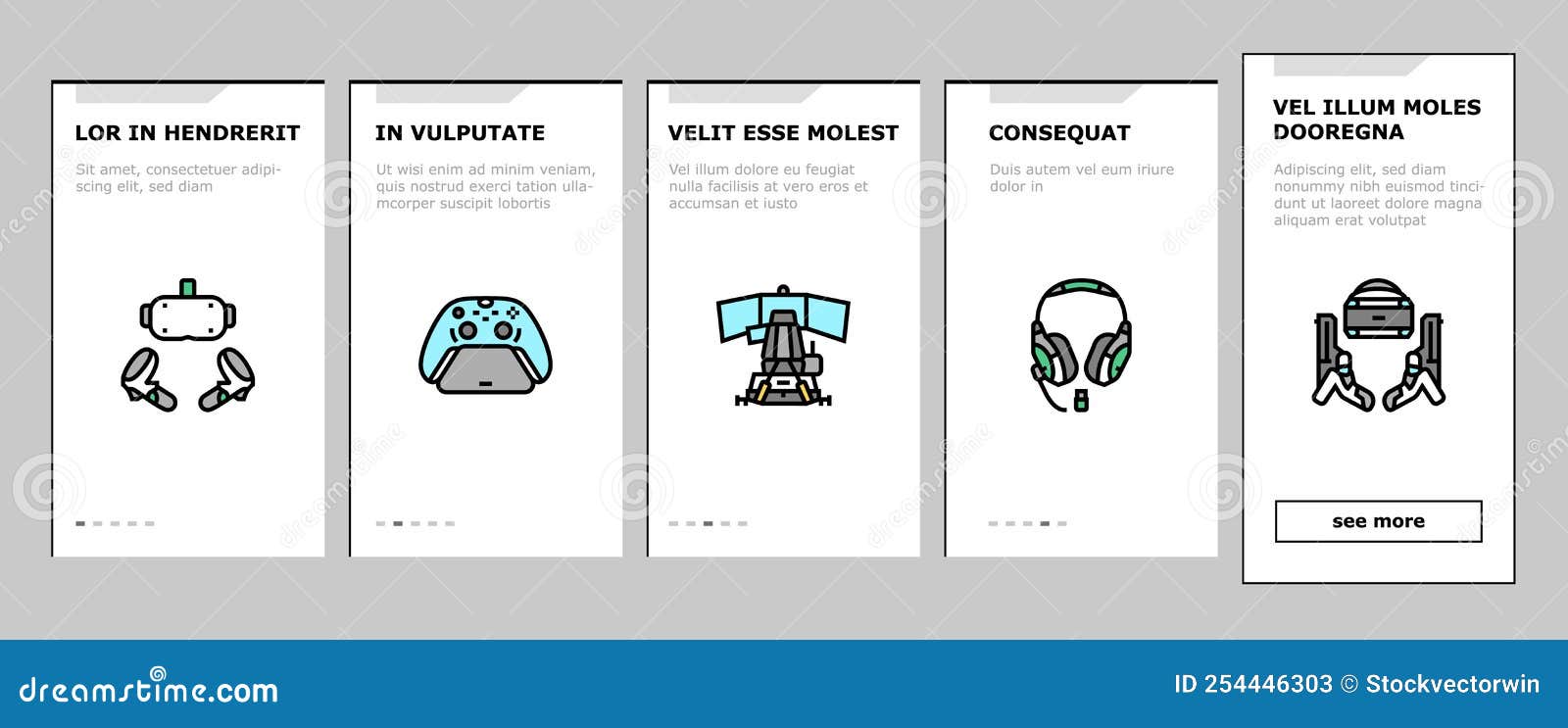 Video Game Electronic and Device Onboarding Icons Set Vector Stock ...