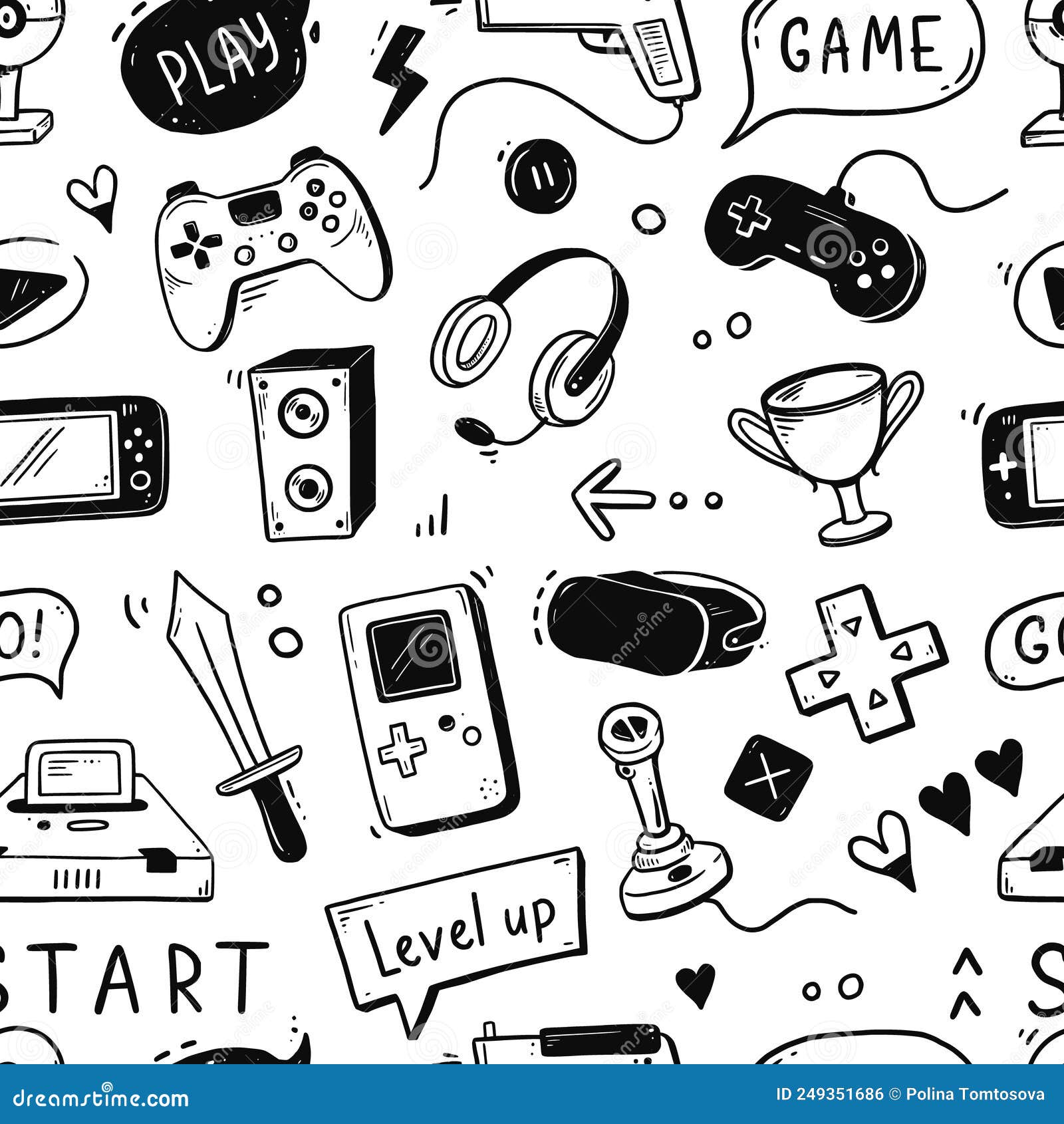 Video Game Hand Drawn Doodle Seamless Pattern. Video Gamer Console ...