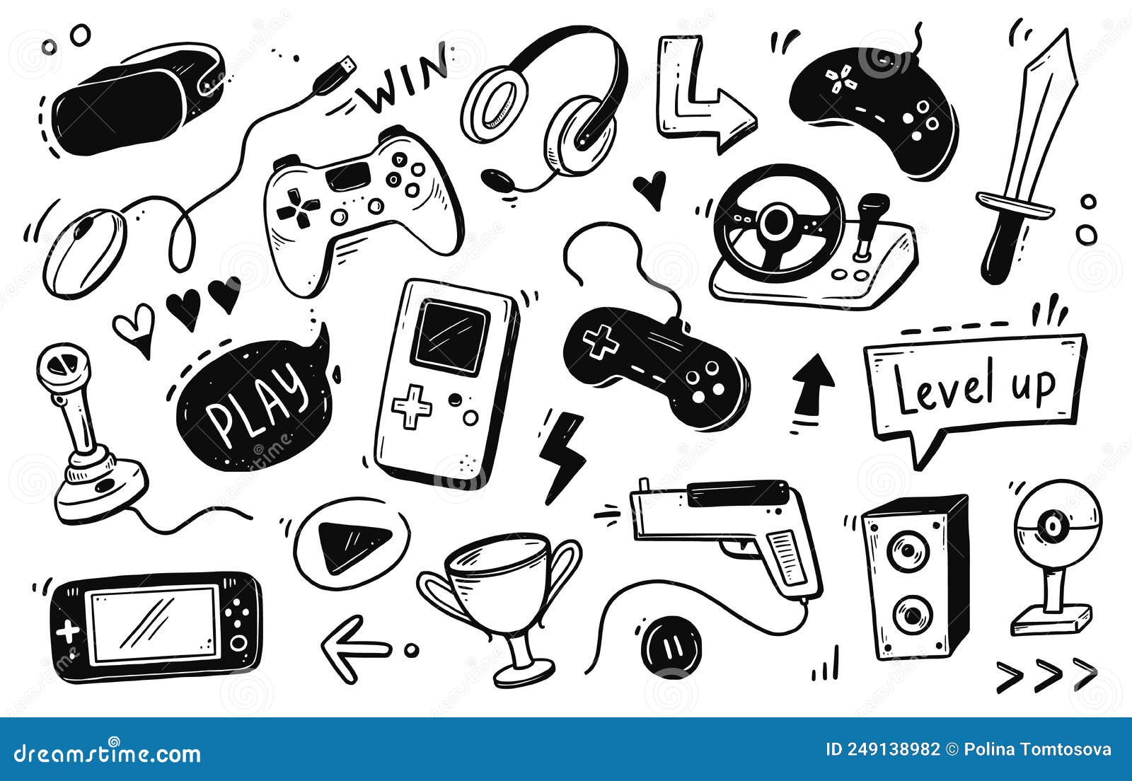 Video Game Hand Drawn Doodle Set. Video Gamer Console, Joystick, Gadget ... Video Game Hand Drawn Doodle Set. Video Gamer Console, Joystick, Gadget ...
