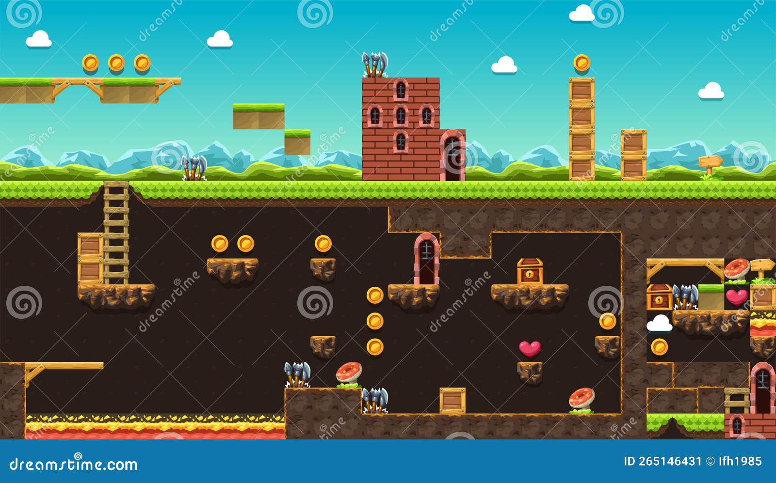Video Game Level with Elements Side View Stock Vector - Illustration of ...