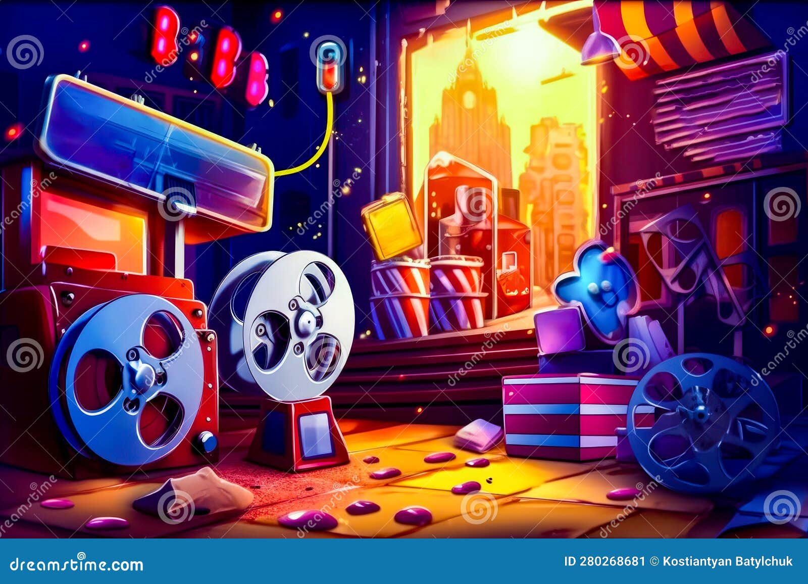 Video Game Scene with Movie Projector and Bunch of Objects. Generative ...