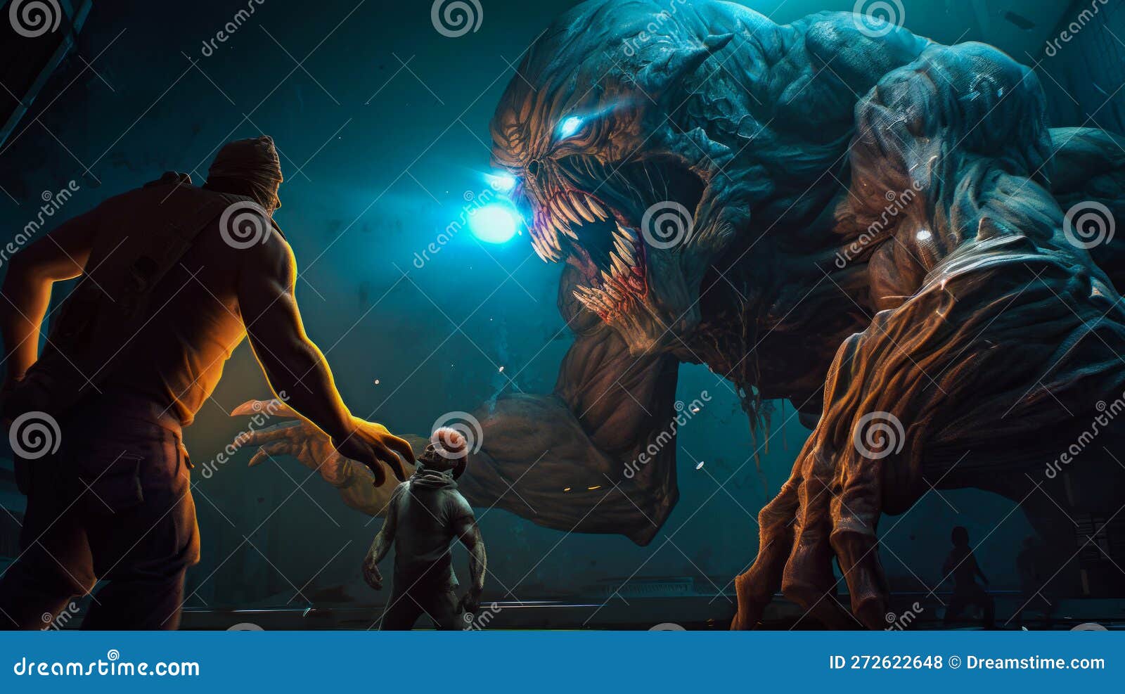 Video Game Scene with Two People Standing in Front of Giant Monster ...