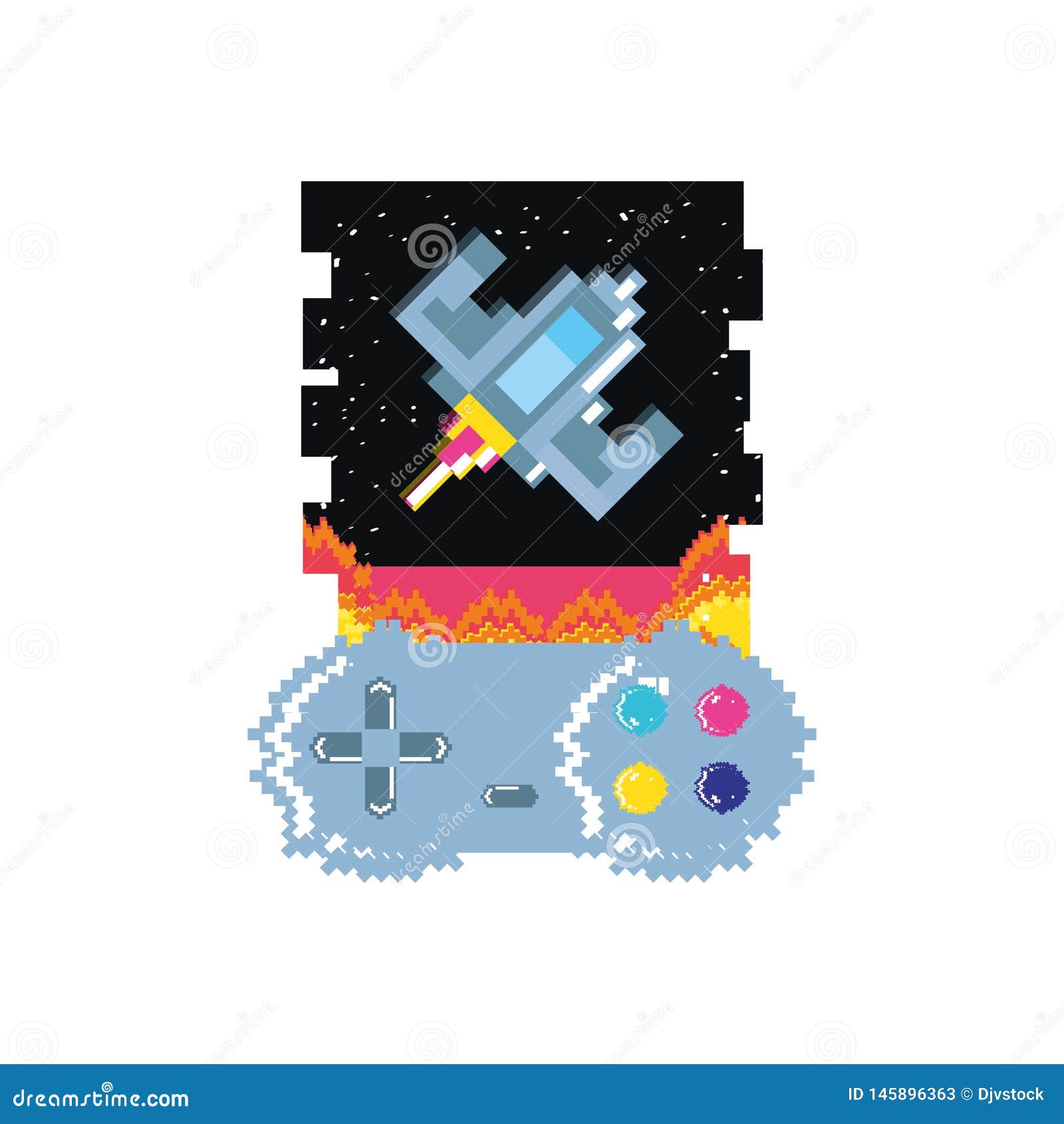 Video Game Spaceship Flying with Control Pixelated Stock Illustration ...