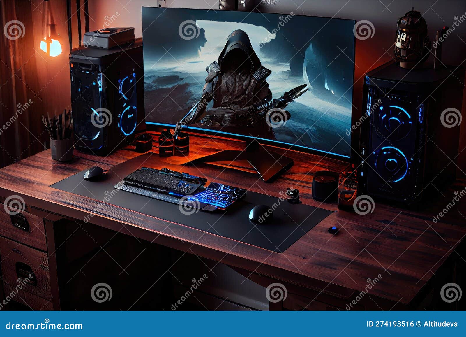 Video Gaming Desk with High-end Computer, Keyboard, and Mouse Stock ...
