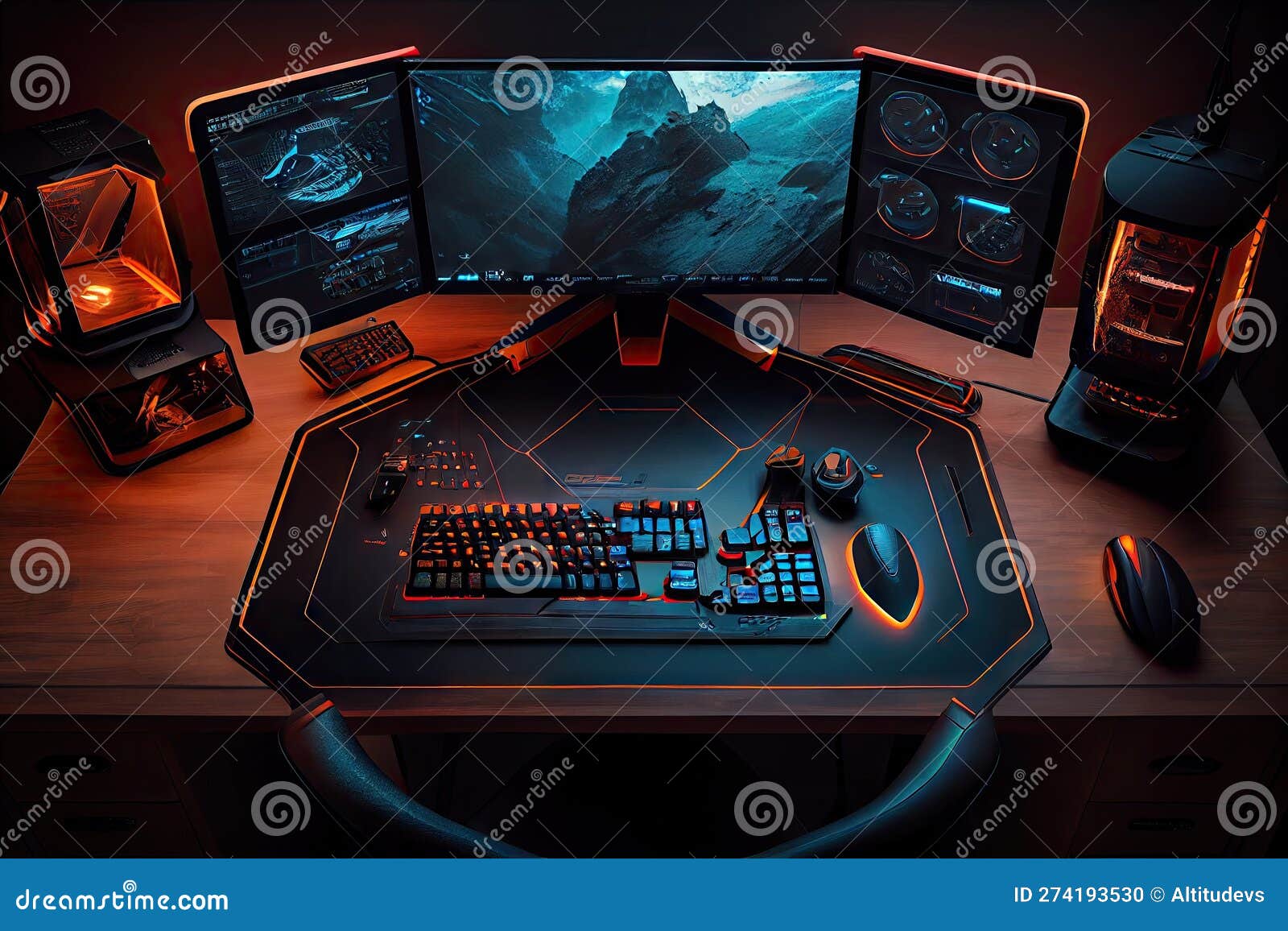 Video Gaming Desk with High-end Computer, Keyboard, and Mouse Stock ...