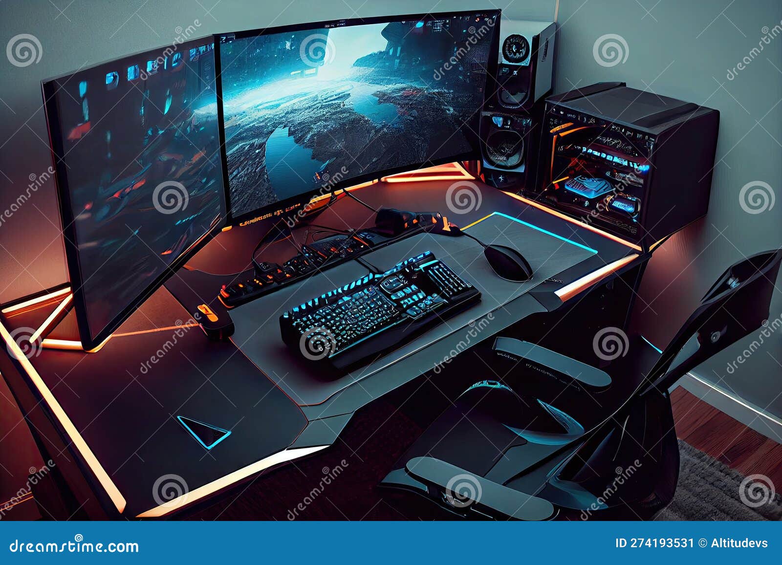 Video Gaming Desk with High-end Computer, Keyboard, and Mouse Stock ...