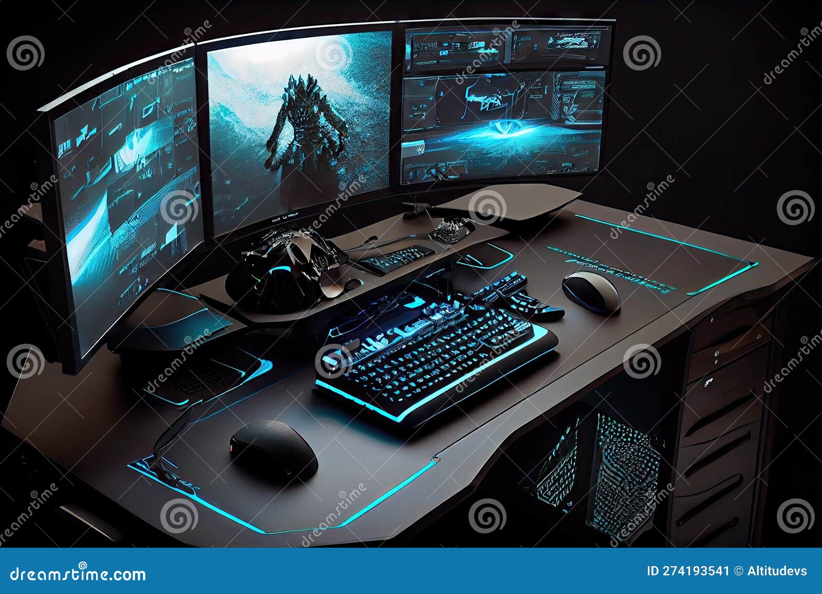 Video Gaming Desk with High-end Computer, Keyboard, and Mouse Stock ...
