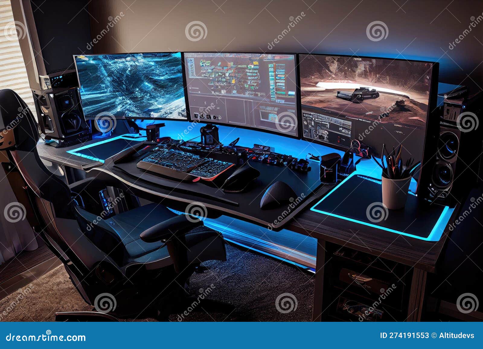 Video Gaming Desk with High-end Computer and Multiple Monitors Stock ...