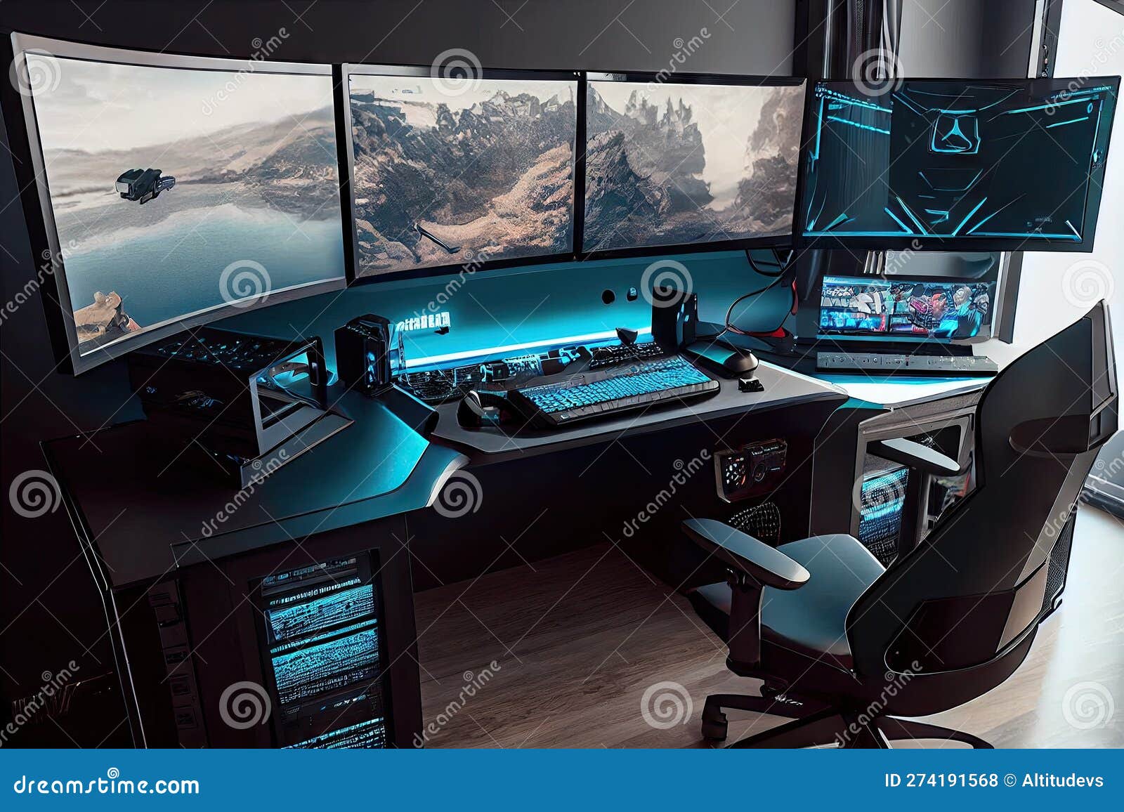 Video Gaming Desk with High-end Computer and Multiple Monitors Stock ...