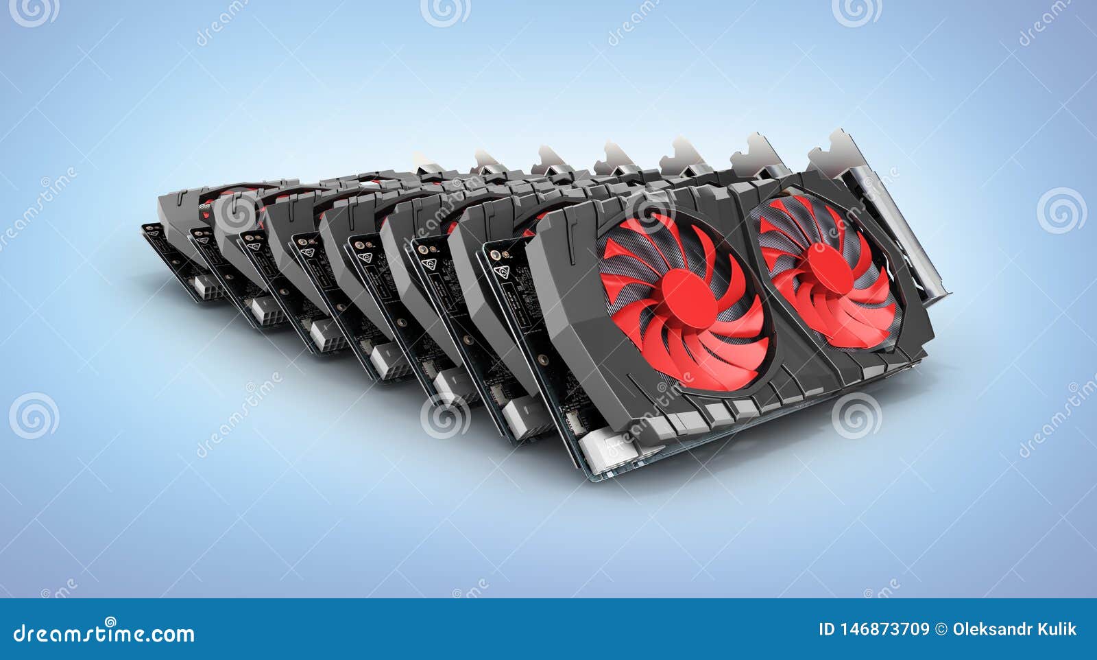 Video Graphic Cards GPU Laid Out in a Row Isolated on Blue Gradient ...