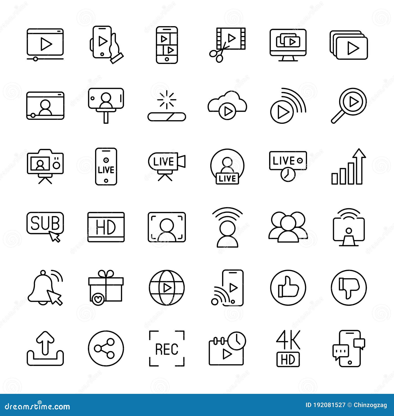 Video and Live Streaming 36 Outline Icons Stock Vector - Illustration ...