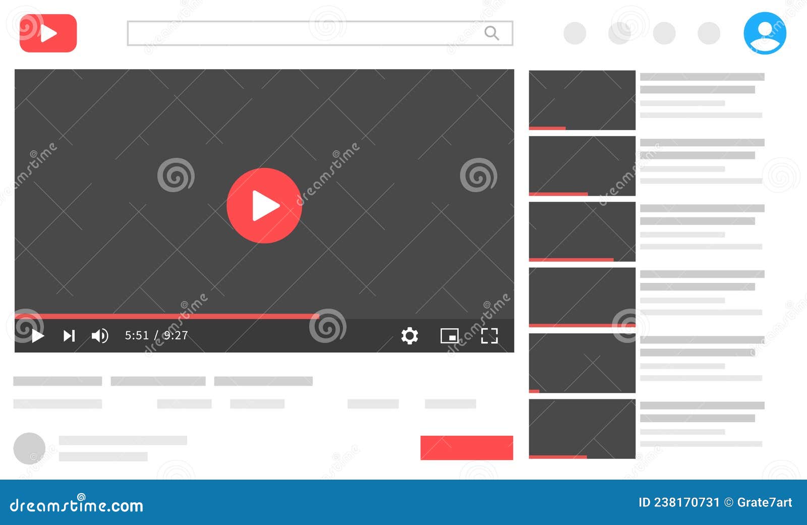 Video and Media Player Interface, Layout Mockup. Vector Ui Template of ...