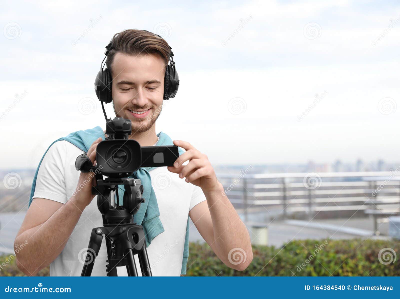 Video Operator with Camera Working on Street. Space for Text Stock ...