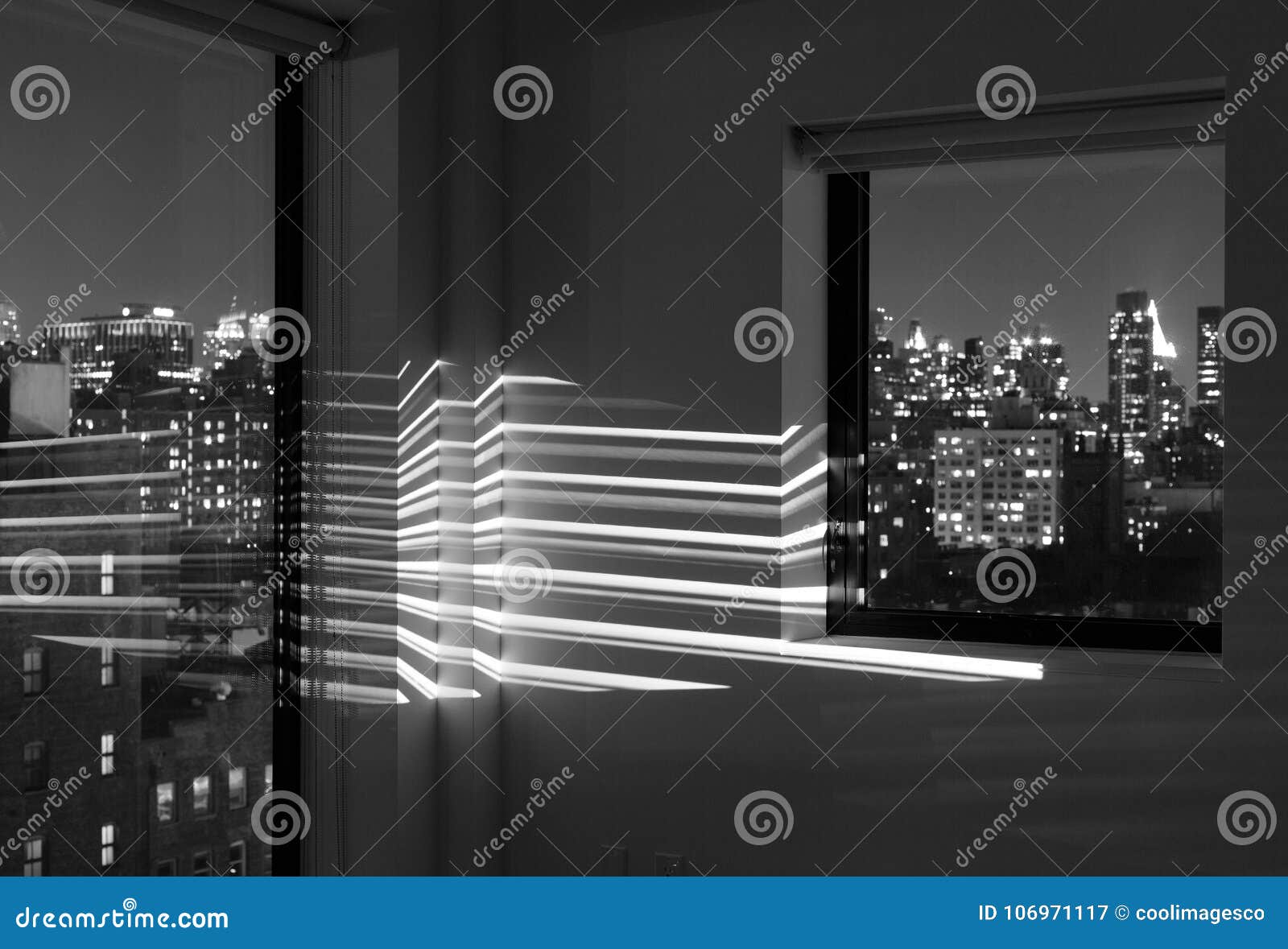Video Projection of Bars in a Room with a NYC Skyline Stock Image ...