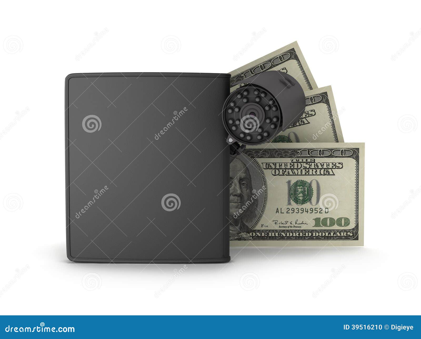 Video Surveillance Camera, Dollars and Leather Wallet Stock ...