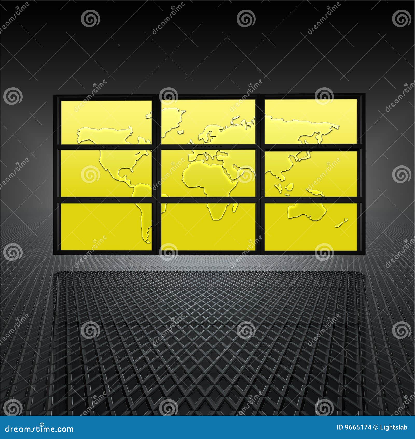 Video Wall with World Map on Screens Stock Illustration - Illustration ...