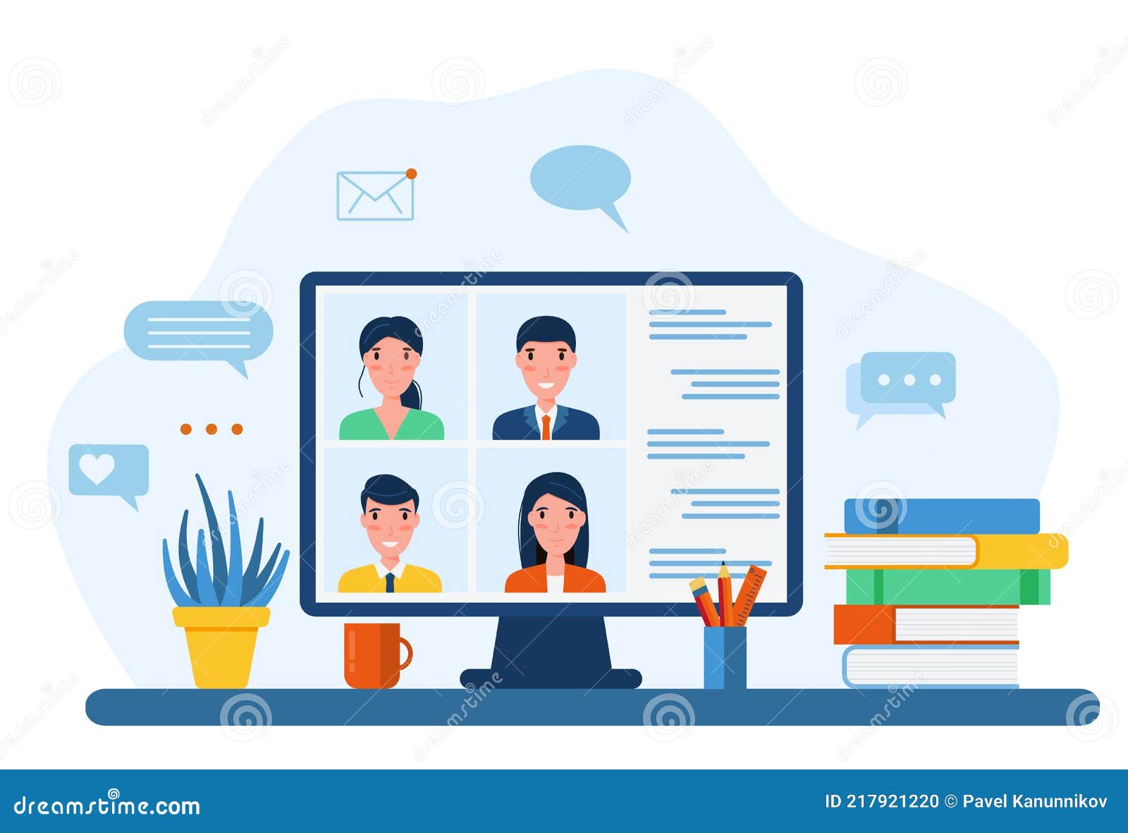 Videoconference Online Call on the Computer. Vector Illustration in ...