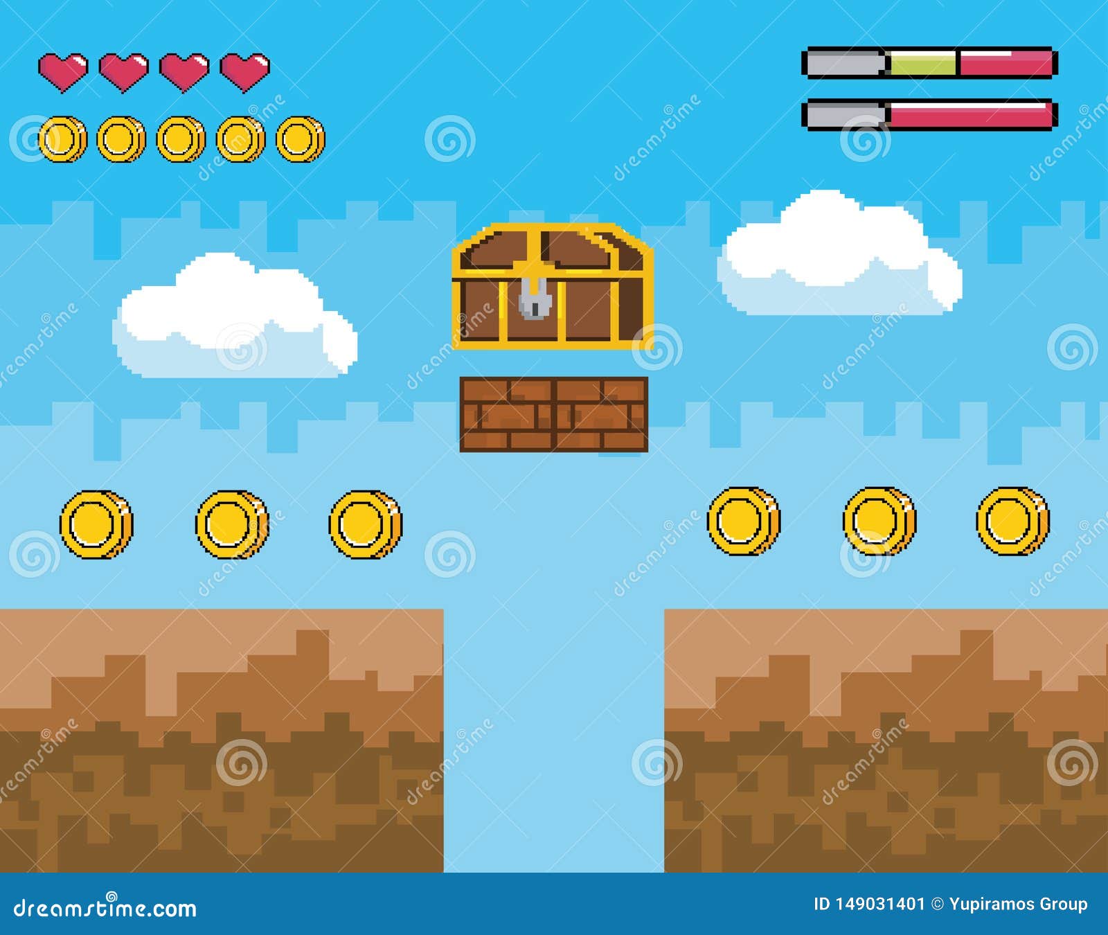 Videogame Scene with Pixelated Coffer with Coins and Life Bar Stock ...