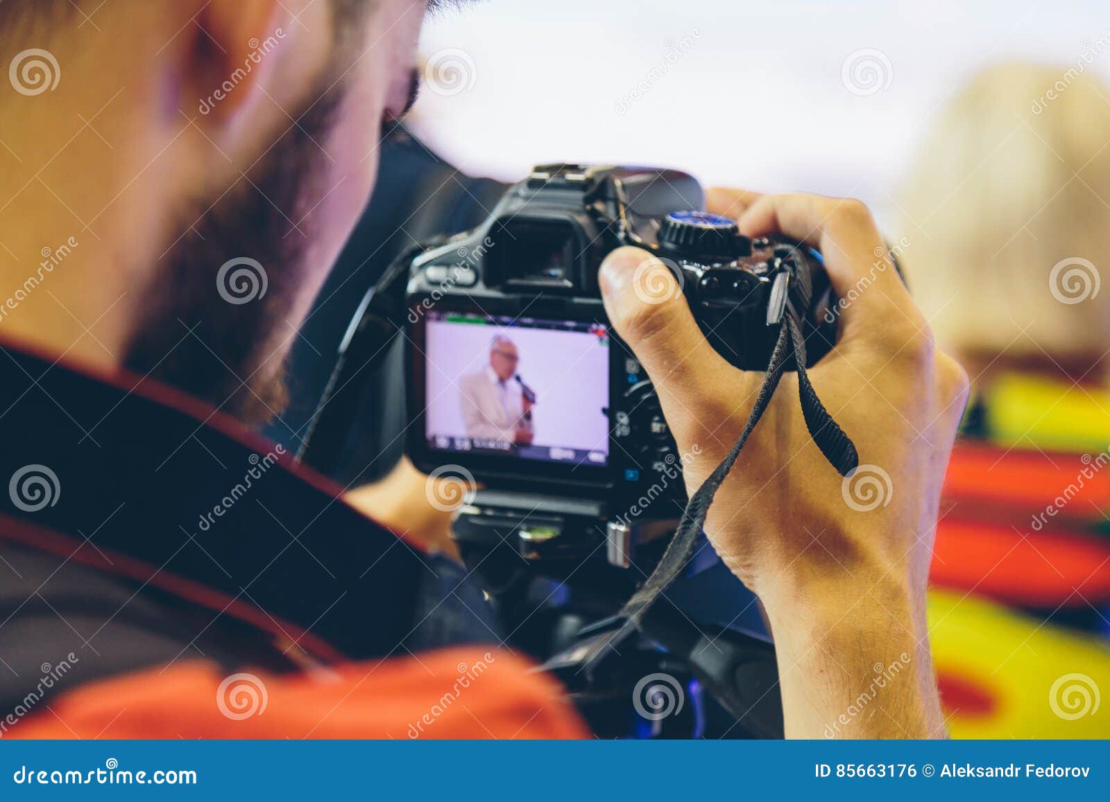 Videographer Shoots Video With Mirrorless Camera With Stabilizer Stock ...