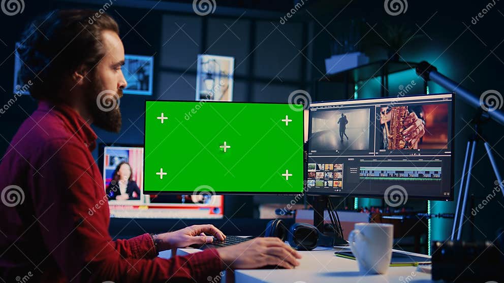 Videographer Using Professional Software on Mockup PC To Create Visual ...